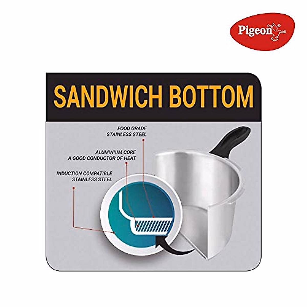 Pigeon Pressure Cooker - 5 Quart - Inox Stainless Steel Outer Lid Stovetop & Induction Base - Cook delicious food in less time: soups, rice, legumes, and more- 5 Liters