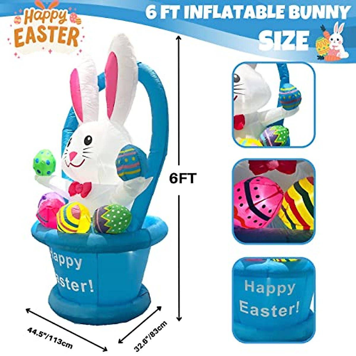 kegemor Inflatable Easter Bunny Blow Up Yard Decorations 6FT Outdoor Rabbit with Egg Basket Cute Giant Tall Built-in LED Lights for Indoor Outside Holiday Party Yard Garden Lawn