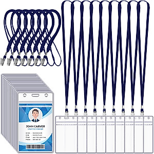 Marspark 200 Pcs Lanyards for ID Badges and Id Holder Badges Name Tags, Flat Neck Lanyards with Clip Waterproof Clear Plastic Resealable Vertical Name Tag Badge ID Card Holders (Dark Blue)