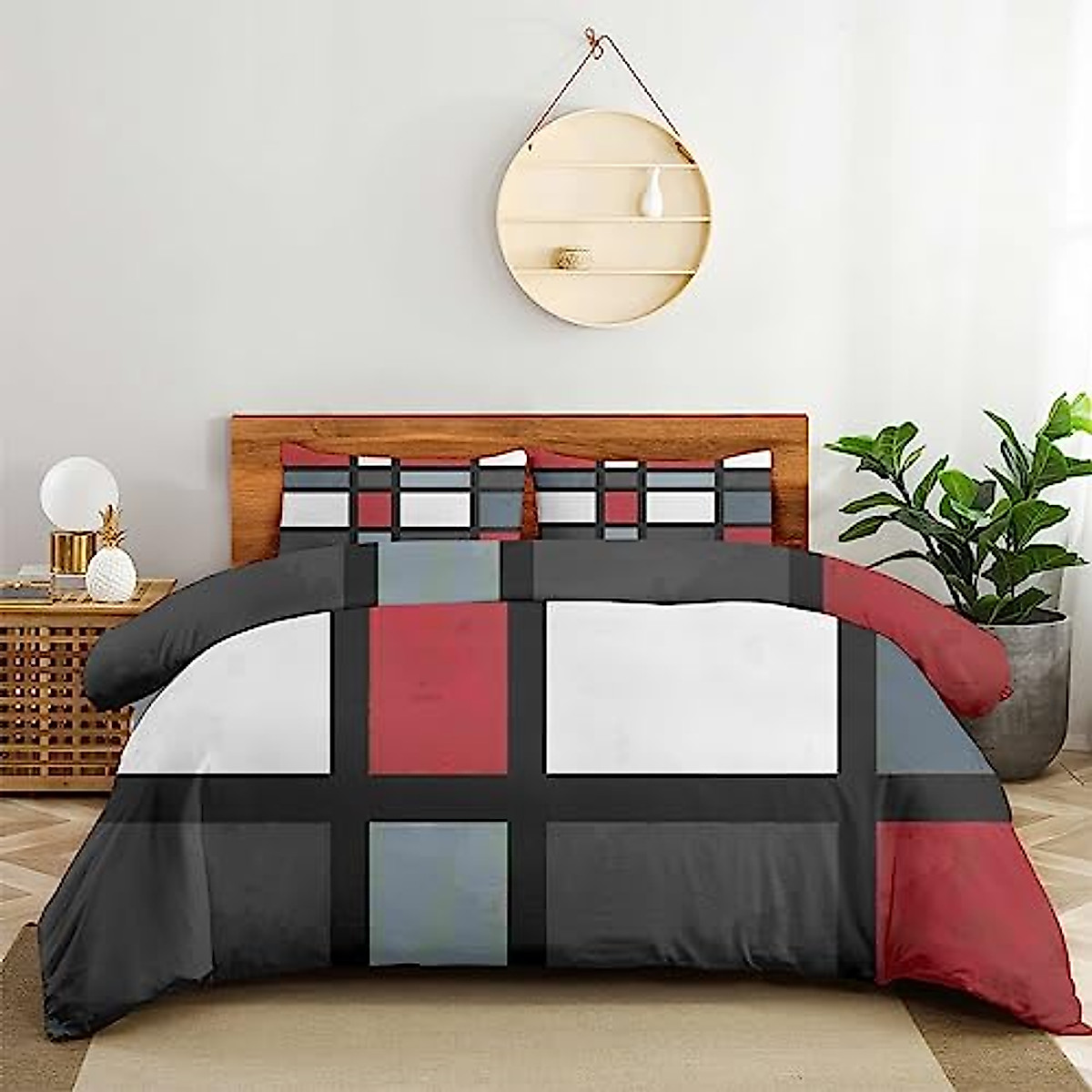Bedding Sheet Bed Sets, Red Gray Black White Geometric Soft 3-Pieces Duvet Cover Set Comfy 1 Comforter Cover & 2 Pillowcases for All Season Twin(68"×90")
