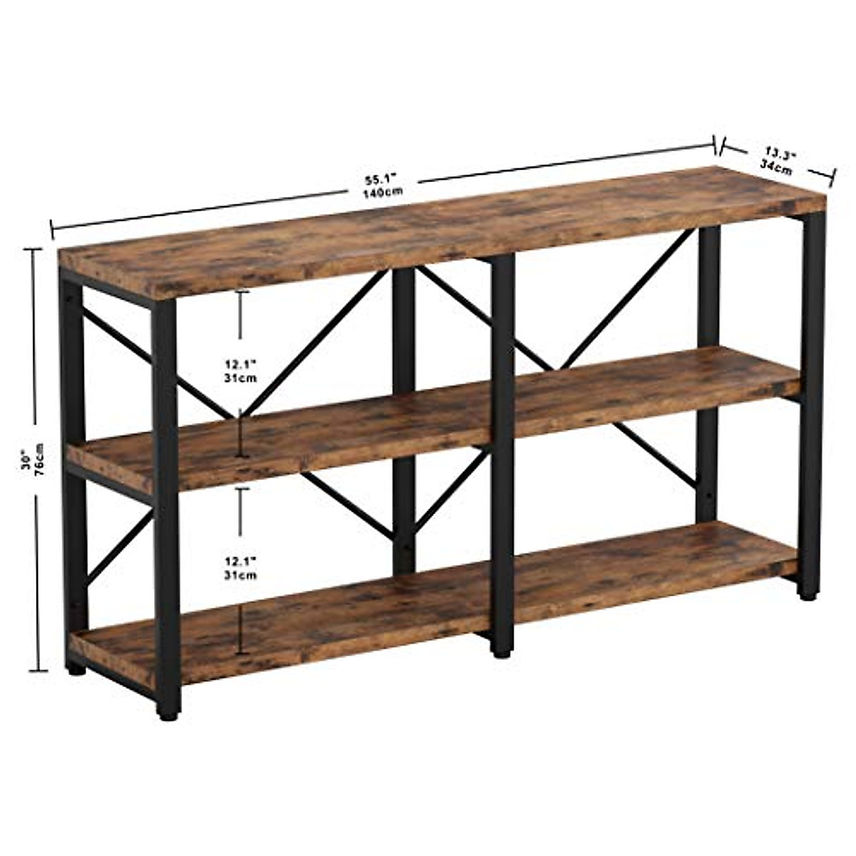 IRONCK Bookshelf Double Wide 3 Tier, Rustic Bookcases, Wood and Metal Bookshelves, Book Shelves for Home Office Decor Display, Easy Assembly