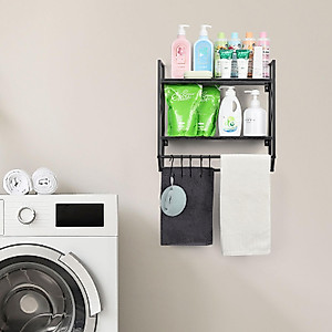Bath Towel Shelf 2 Tier Towel Rack Wall Mount Towel Holder with Shelf Bathroom Shelves with Towel Bar and Hooks Industrial Wall Shelf Over Toilet for Towel Tissue Storage Organizer, Modern Black