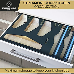 Graceful Grove Bamboo Food Bag Organizer: Kitchen Drawer Organizer with Wrap Dispenser and Cutter - Foil and Plastic Wrap Holder - Fits Gallon, Quart, Sandwich, Snack Bags, and 12" Rolls (Black)