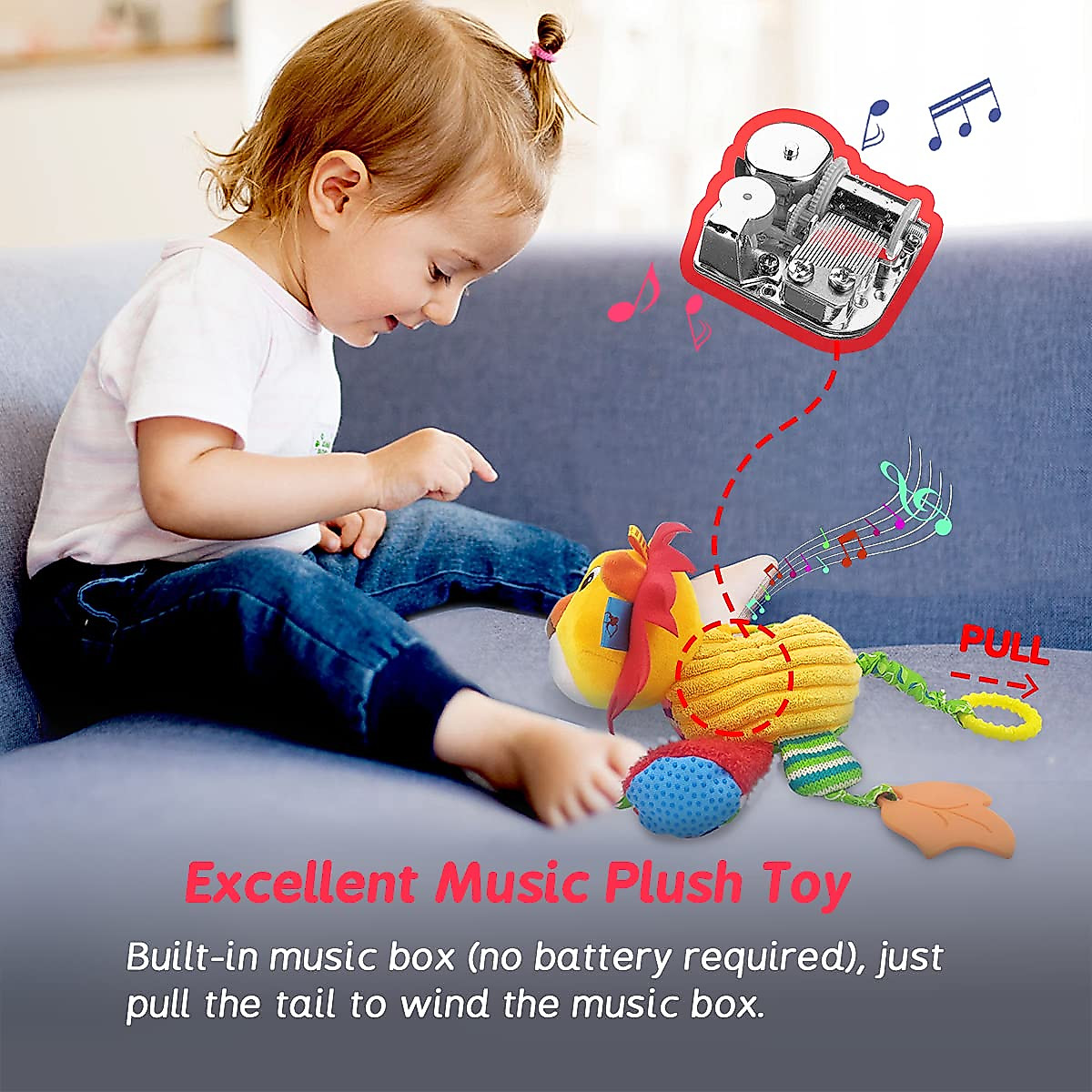 JERICETOY Baby Toy Plush Infant Toy with Musical Box Baby Carseat Toy Stroller Hanging Toy Development Toy with Rattles Crinkle Teether Magic Mirror, Stroller Clip-On Carseat Cot Crib Bed - Lion