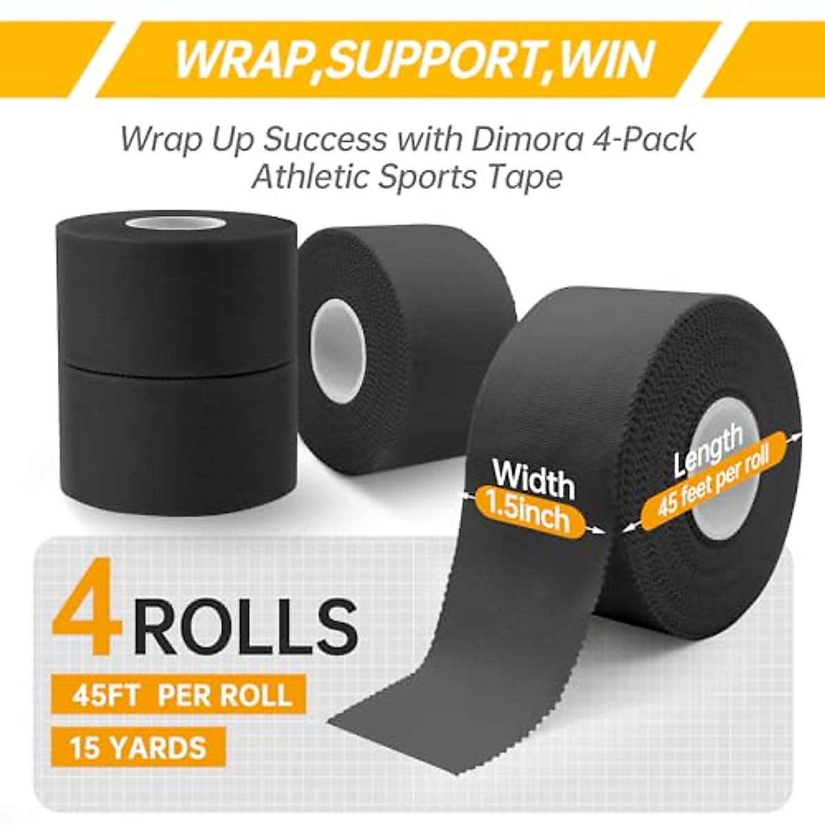 Dimora 4-Pack Black Athletic Tape - Strong Adhesive Sports Tape No Sticky Residue Easy Tear Athletic Tapes & Wraps, Gymnastics Tape for Athletes(1.5in X 45ft)