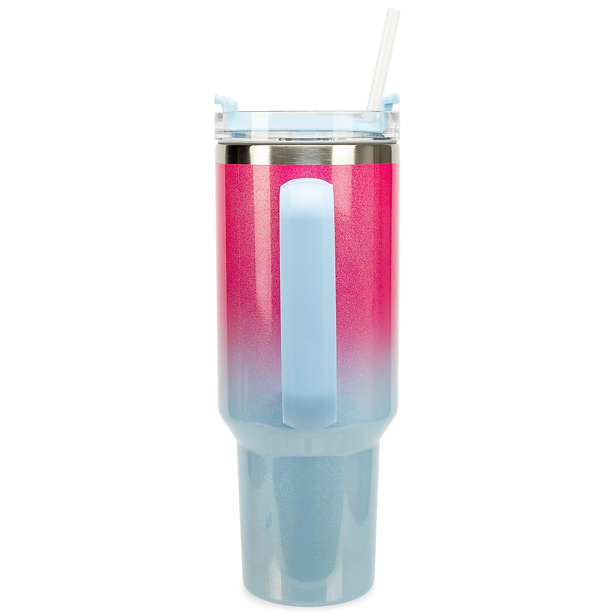Elanze Designs 40 oz Stainless Steel, Large Water Bottle, Coffee Mug, Spill & Leak Resistant, Thermal Travel Tumbler With Handle, Lid & Straw, Hot Pink/Sky Blue