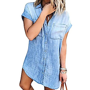 Women Denim Shirt Dresses Short Sleeve Distressed Jean Dress Button Down Casual Tunic Tops Blue XXL