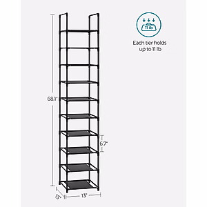 SONGMICS Shoe Rack, 10 Tier Shoe Shelf, Shoe Storage Organizer, Space-Saving, 13 x 13 x 68.1 Inches, Metal Frame, Non-Woven Fabric Shelves, for Entryway, Bedroom, Black ULSR110B02