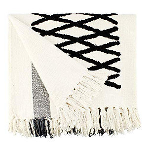 AuldHome Design Boho Farmhouse Throw, Black and Off White 50 x 60 Inch Striped Blanket