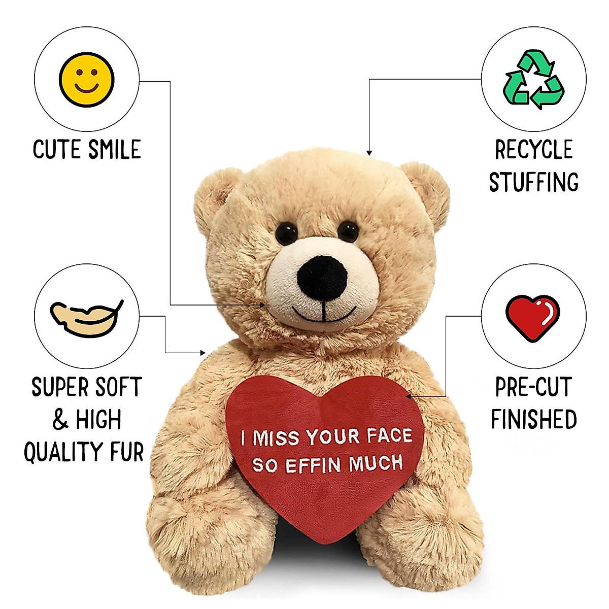I Miss Your Face So Effin Much - 10" Teddy Bear & Gift Bag - Funny Stuffed Animal Plush Gift for Girlfriend, Boyfriend, Best Friend - Birthday, Anniversary, Valentines, or Long Distance - Witty Bears