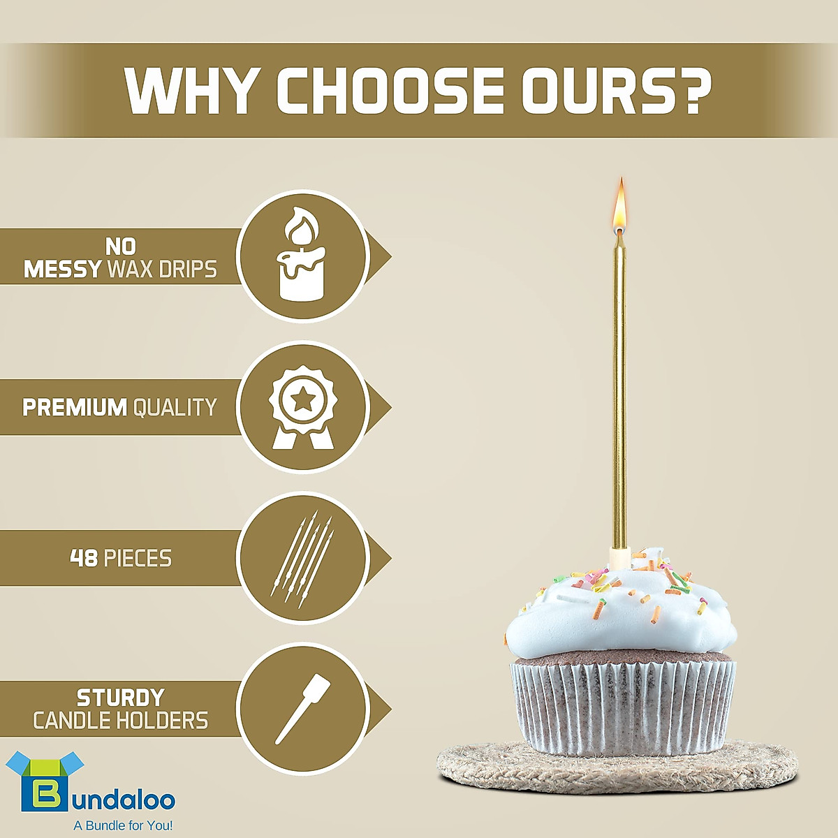 Bundaloo Gold Birthday Candles for Cake - Set of 48 Gold Candles for Birthday Cakes - with Plastic Holders, 5.5" Long, 0.20" Thickness