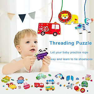 Promise Babe 5 Pack Animals Lacing Cards Wood Block Puzzle Threading Toys Montessori Toy Sewing Cards for Toddler Educational Preschool Toys…