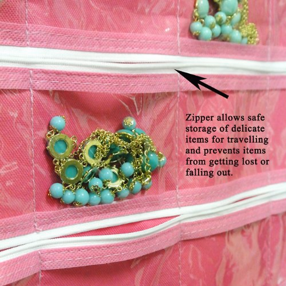 Wrapables® 28 Zippered Pockets Hanging Jewelry Organizer with 21 Holding Loops, Pink