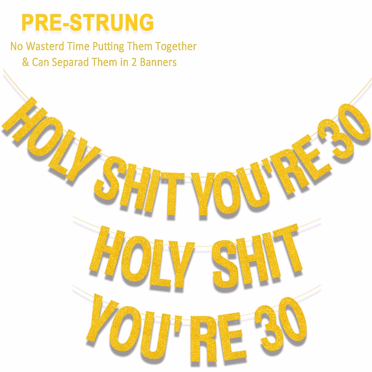 Yasmart Life 30th Birthday Decorations for Women Men Pre-Strung Gold Glitter Birthday Party Decor Sign Funny Banner 30th Bday Party Supplies Holy Shit You're 30 Birthday Banner Party Decoration