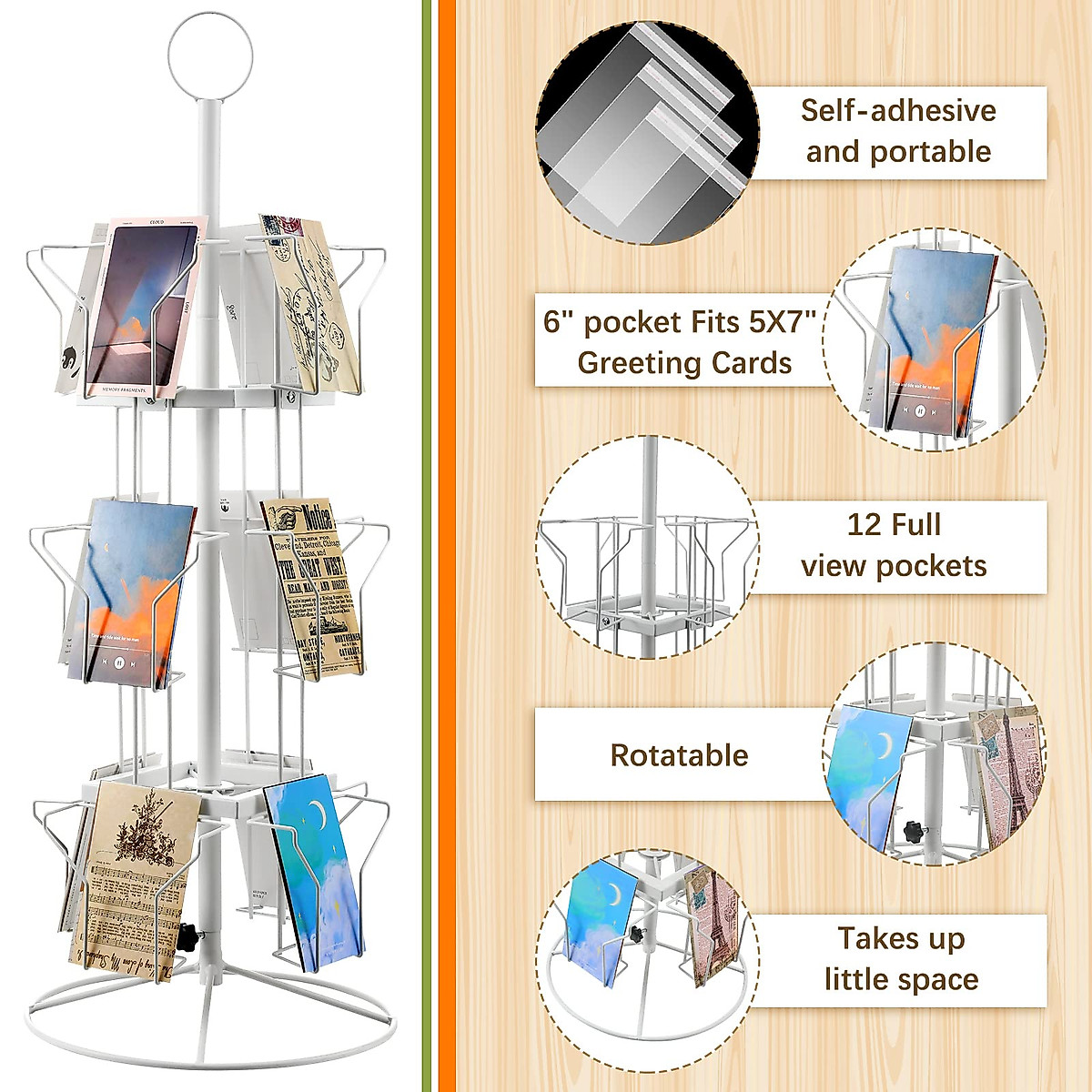 12 Pockets Countertop Rotating Greeting Card Rack with 200 Clear Resealable Polypropylene Bags 3 Tier Metal Display Stand Spinning Floor Stand Pocket Rotating Holder for Stickers Showcase (White)
