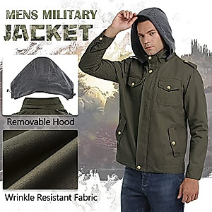 Men's Military Jacket Casual Cotton Lightweight Windbreaker with Removable Hood (Large, Army Green)