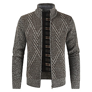 Men Zip Up Thick Knitted Cardigan Stand Collar Fleece Lined Sweaters Slim Fit Winter Warm Sweater with Pockets (Brown,Large)