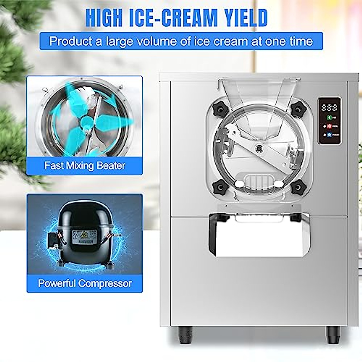 XPW Commercial Hard Serve Ice Cream Machine - 1400W 3.2 to 3.5 Gallons/H Gelato Ice Cream maker with LED Panel Auto Clean Perfect 110V Ice Cream Machine Perfect for Snack Restaurants Bars Supermarket