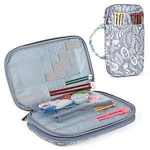 Katech Empty Knitting Needles Case Portable Travel Crochet Hooks Case Zipper Storage Bag Organizer with Transparent Pocket and Holder Slots for Carrying Knitting Needles and Crochet Accessories (Grey)