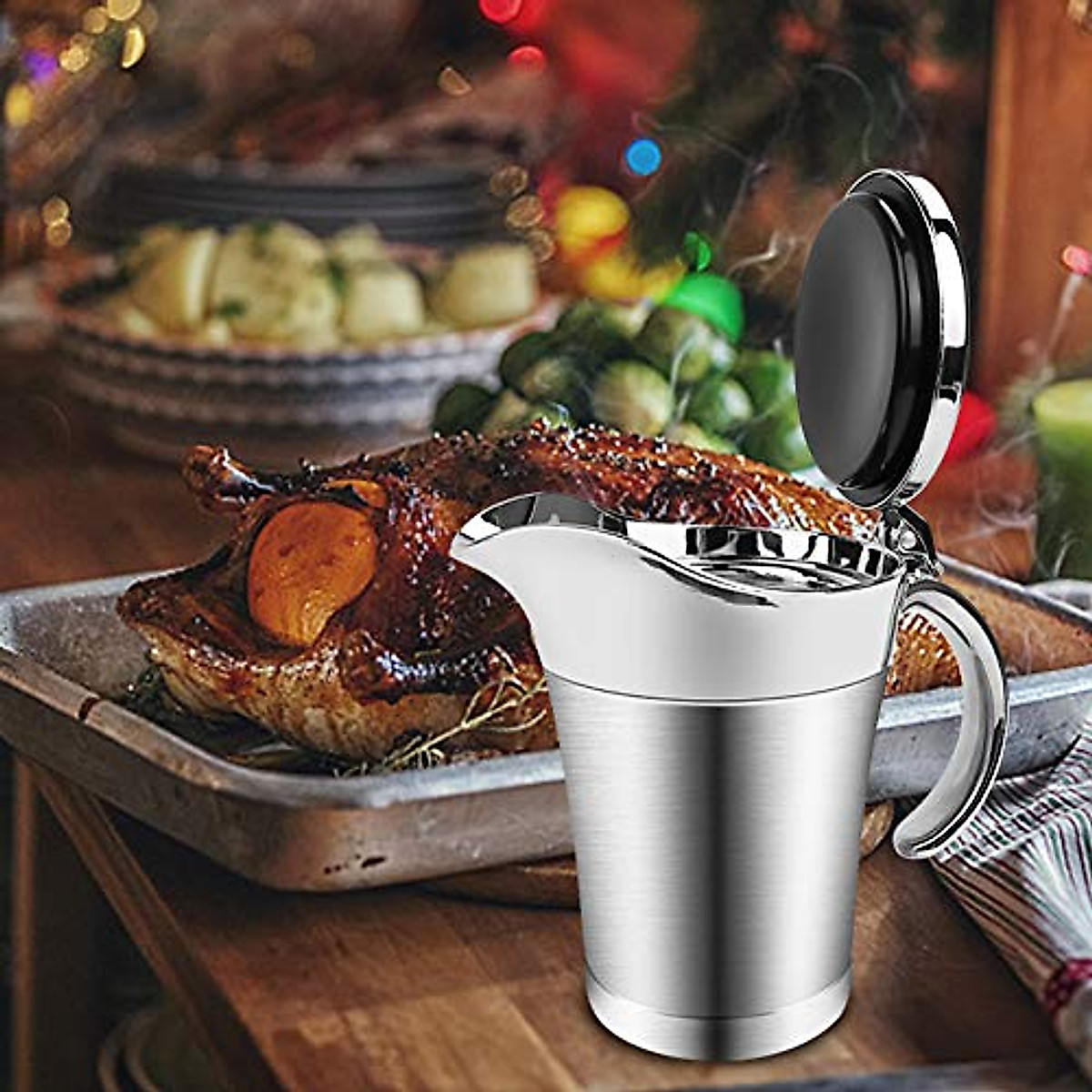 ShineMe Stainless Steel Gravy Boat Sauce Jug with Lid, 26oz Double Wall Insulated, Storage for Gravy or Cream, Used at Home & Kitchen