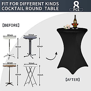 Lykoow 8 Pack Cocktail Spandex Stretch Tablecloth 32''x43'' Black Cocktail Round Table Cover Tablecloth, Fitted High Top Stretch for Round Tables or Wedding Party Banquet Birthday