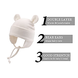 JANGANNSA White Newborn Baby Beanie Hospital Hat for Boys Girls Cotton Preemie Baby’s Hat Bear Ears (White,6-12Months)