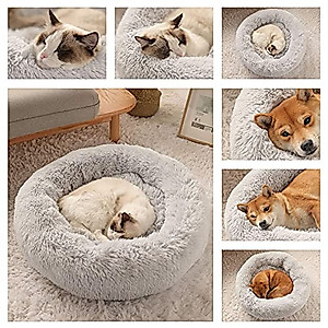 kimpets Dog Bed Calming Dog Beds for Small Medium Large Dogs - Round Donut Washable Dog Bed, Anti-Slip Faux Fur Fluffy Donut Cuddler Anxiety Cat Bed(20")