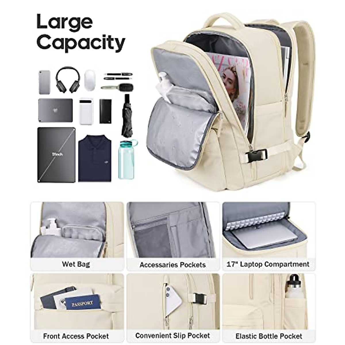 Large Travel Laptop Backpack, Expandable 45L Carry On Backpack Water Resistant Airline Approved Business Work Computer Bag Gifts for Men & Women Fits 17 Inch Notebook