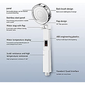 LED Digital Temperature Display High-Pressure Handheld Showerhead Water Temperature Control Water-Saving Filtration for Dry Hair and Skin Hassle-Free Installation (White)