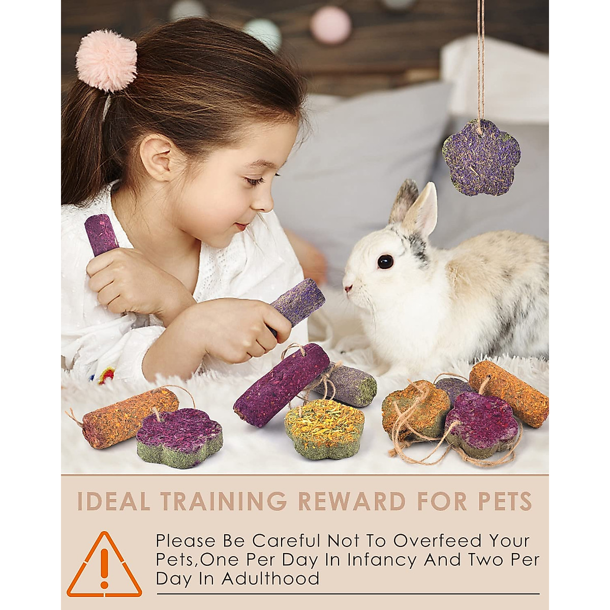 Bissap 12PCS Rabbit Chew Sticks, Hanging Chew Sticks & Cakes Timothy Hay Carrot Strawberry Treat for Bunny Chinchilla Guinea Pig Hamster and Other Small Pets Molar Snack Toy