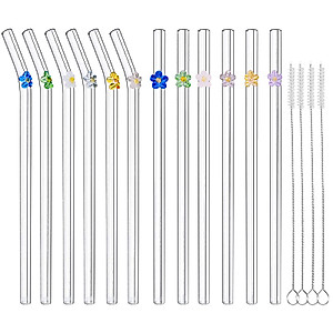 Reusable Glass Straw with Flower,Shatter Resistant Bend Glass Straws with Design Flower Decorative Cocktails Bar Accessories with Cleaning Brush (16)