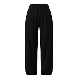 TBA Women's Casual Pants Summer Wide Leg Capris Drawstring Elastic High Waist Cotton Cropped Trousers with Pockets Black