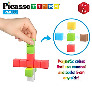 PicassoTiles 60 Pieces 1" Magnetic Building Blocks, 3D Construction Cubes Magnet Sensory Toys Gifts with Free Idea Book for Kids, Toddlers & Babies - PMC60