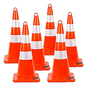 BATTIFE 28 inch Traffic Safety Cones 6 pcs with Reflective Collars, Durable PVC Orange Construction Cones for Home Road Parking Use
