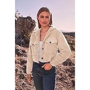 PRETTYGARDEN Womens Fall Clothes Sherpa Shacket Jacket Fuzzy Lapel Button Down Cropped Coat Winter Outerwear (Beige,Large)