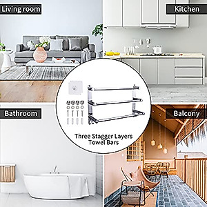 Mlesi Towel Bars Freely Retractable 17-31 Inches Bathroom Towel Rack with Hooks,SUS304 Stainless Steel 3-Tiers Towel Rails Wall Mounted No Drill Sdjustable,Bathroom Towels Shelves Rack with Adhesives