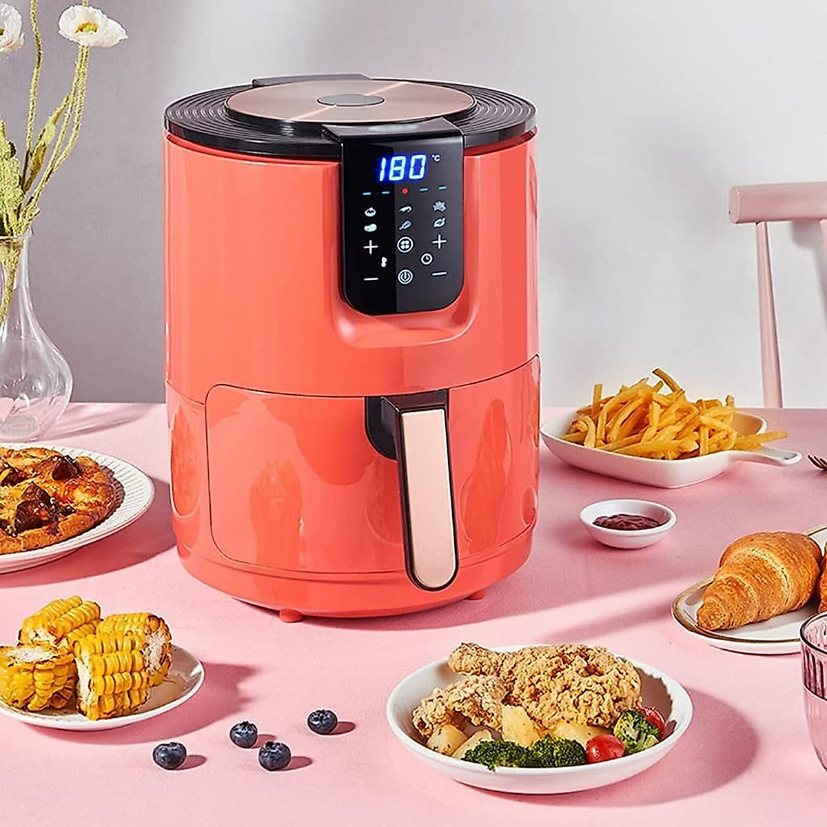 ELEdvb 1500W Air Fryer,Digital Touch Screen Low-Fat French Fries Machine,3QT Cylindrical Multi-Function Oilless Hot Oven with 6 Presets,Preheat and Keep Warm (Red) (Red)