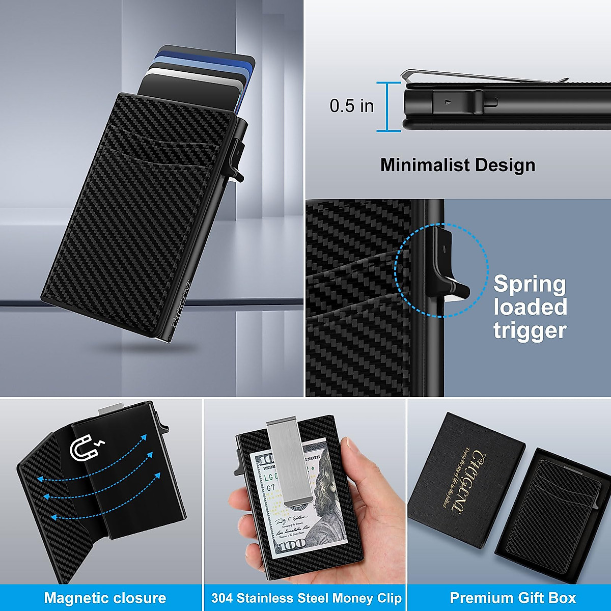 CHJGLNL Slim Wallet for Men - with Money Clip, Minimalist Wallet with Gift Box, Aluminum Pop Up Credit Card Holder, RFID Blocking | Premium Carbon Fiber Leather | 12 Card Capacity