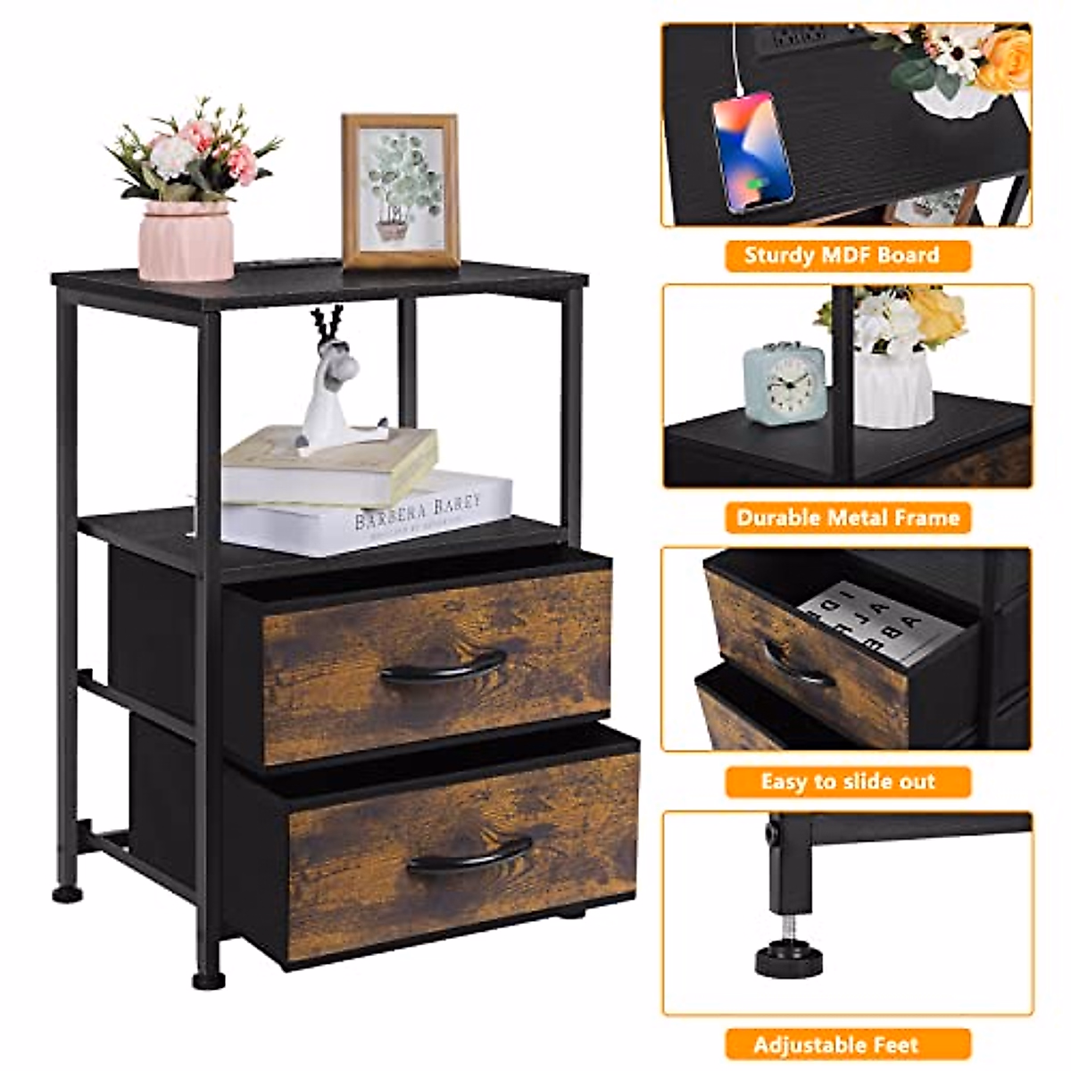 Vrisa Nightstand with Charging Station Black Bedside Table Fabric Drawers End Table with Open Shelf Night Stand with USB Port and AC Outlet for Bedroom