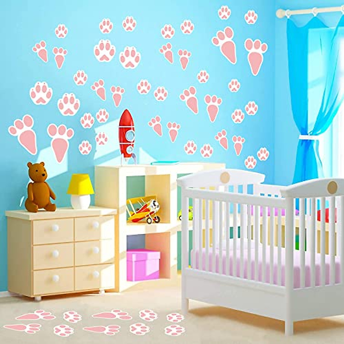4 Sheet 56 Pieces Easter Stickers Bunny Paw Prints Carrots Rabbit Footprints Stickers Cute Festive Decals Decorations for Easter Floor Decoration and Egg Hunting Games