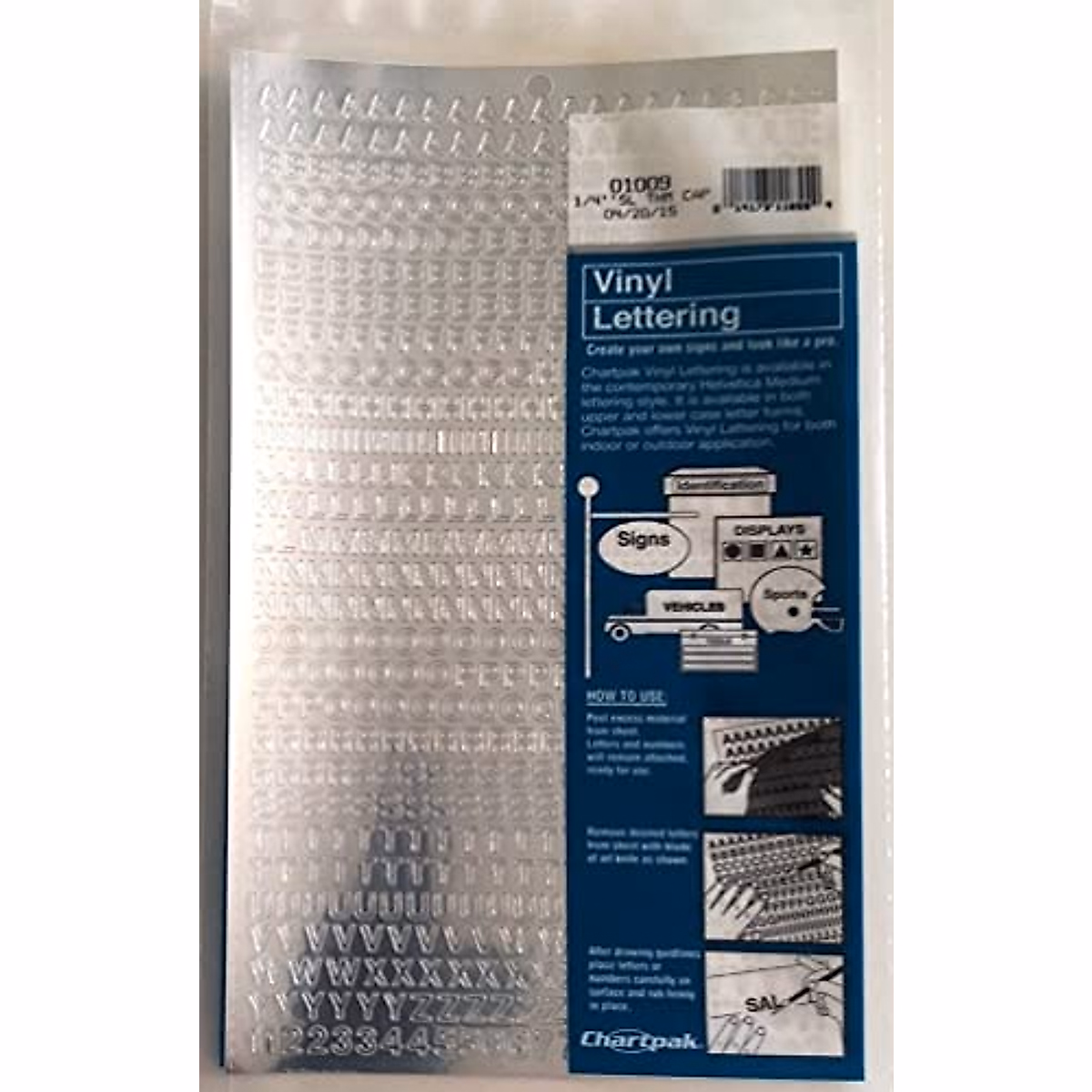 Chartpak 1/4-inch Silver Stick-on Vinyl Letters & Numbers, Full Sheet (01009)