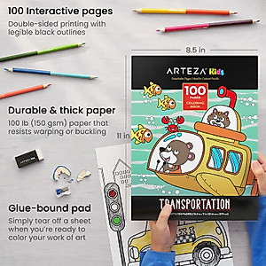 ARTEZA Kids Coloring Book and Colored Pencils Set, Transportation Illustrations, 50 Double-Sided Sheets, 100lb Paper