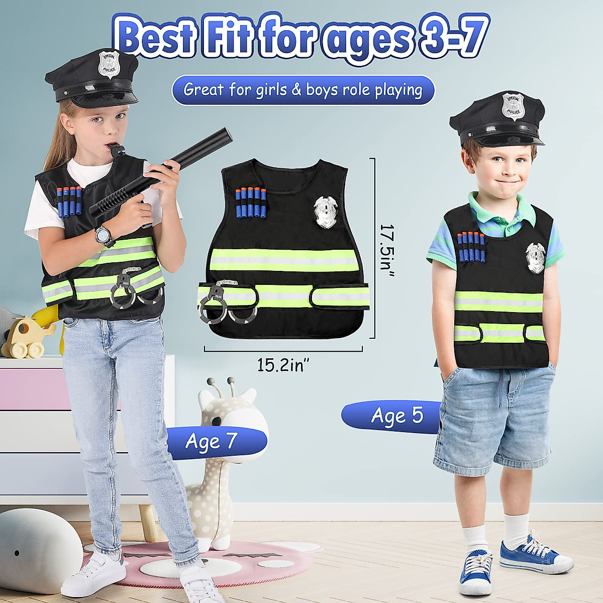 Kids Police Dress up Set Police Officer Role Play Costume Toys Set for Kids Ages 3-7 Years Old Includes Police Vest, Hat and Accessories for Boys and Girls Pretend Play