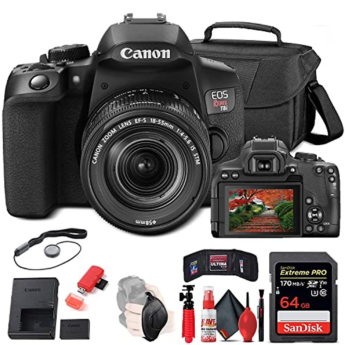 Canon EOS Rebel T8i DSLR Camera with 18-55mm Lens (3924C002), 64GB Card, Case, Card Reader, Flex Tripod, Hand Strap, Cap Keeper, Memory Wallet, Cleaning Kit