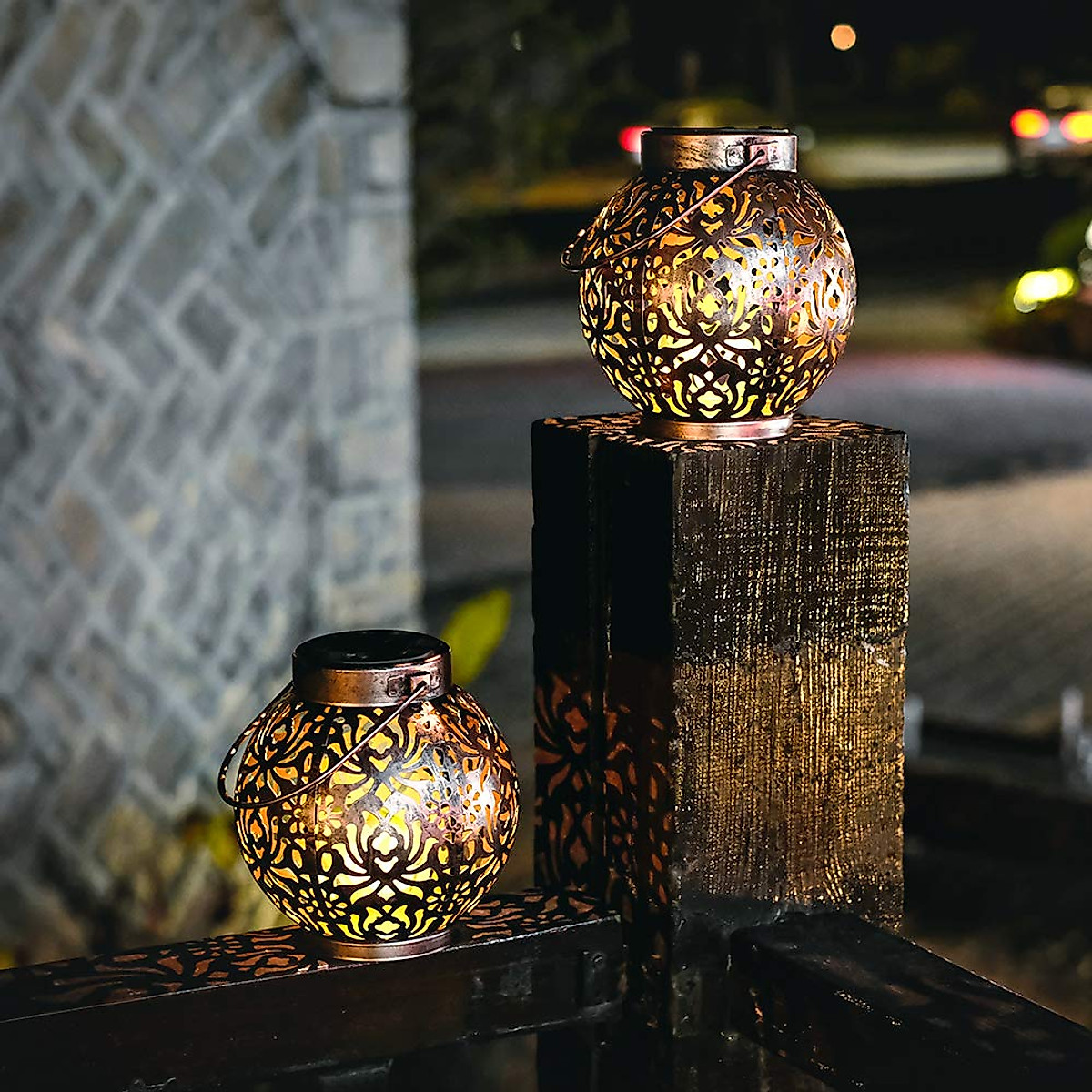 FENGTAI Waterproof Solar Lantern Outdoor, 2 Pack Hanging Lights Decorative Retro Metal Solar Lights for Table Patio Yard Pathway Walkway Garden