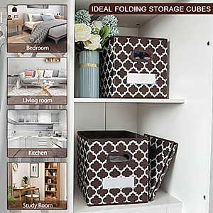 homyfort Cube Storage Organizer Bins 13x13 - Fabric Storage Cubes Foldable Baskets Square Box with Labels and Dual Sturdy Handles for Shelf, Nursery, Cabinet, Clothes, Toys, Set of 4 (Brown)