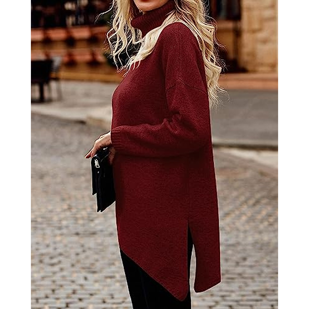 BTFBM Women Long Sleeve Turtleneck Knit Sweater Oversized Fall Winter Sweaters Casual Pullover Jumper Tops(Solid Wine Red, Large)