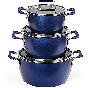 Granitestone 6 Pc Stackable Pot Set, Nesting Non Stick Pots with Lids, Cooking Pots Set, Stock Pot Set with 1.5/3 / 5 Qt Pots with Lids, Induction Cookware, Dishwasher Safe, Non Toxic - Blue