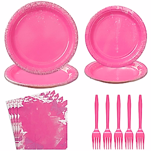 96Pcs Hot Pink Party Supplies Hot Pink Plates and Napkins Tableware Set Hot Pink Party Decorations for Pink Valentine's Day, Birthday, Wedding, Bridal Shower Party, Serves 24