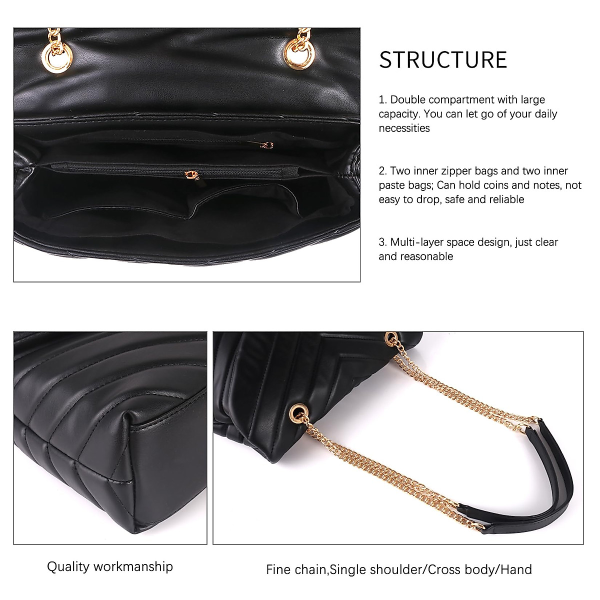 Quilted Crossbody Bag for Women, Soft Vegan Leather Chevron Purses, Trendy Shoulder Handbags with Gold Chain Strap (Black)